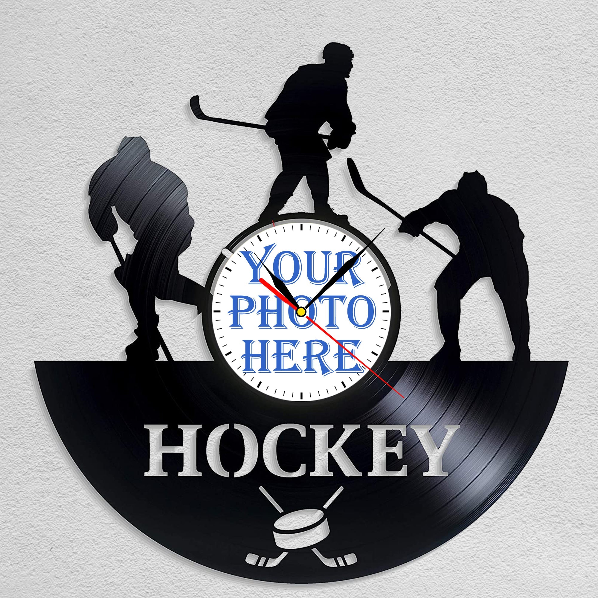Personalized Hockey LP Record Wall Clock – Custom Photo & Name by Gullei