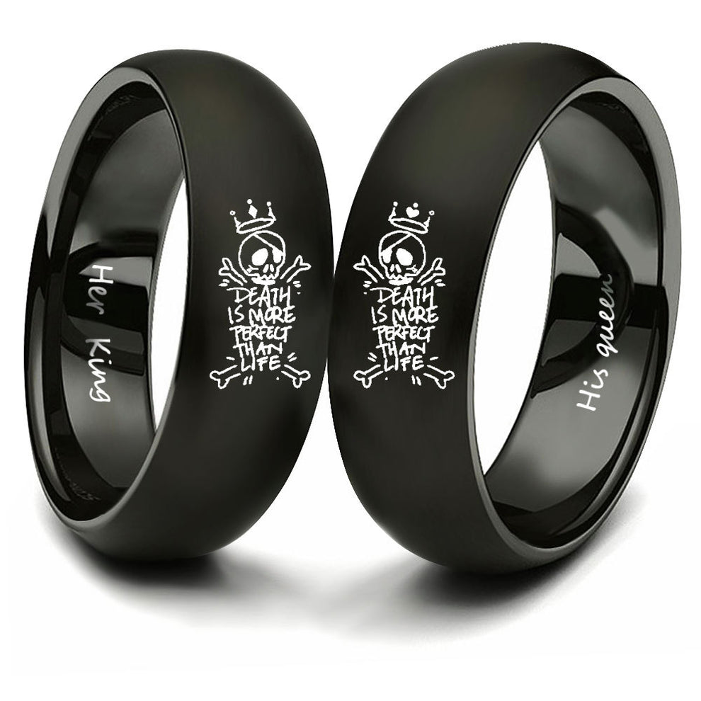 Engraved Black Skull Promise Rings Gift Set for Couples - Gullei