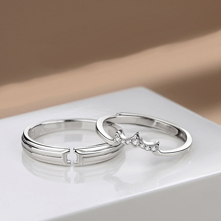 Engraved Crown Couple Promise Rings Set Silver Adjustable Size – Gullei